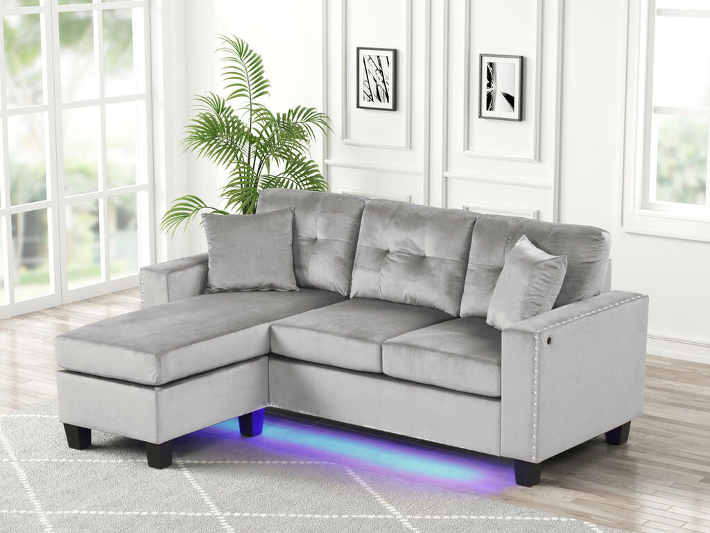 89342 Sorenza grey velvet fabric reversible chaise 74" wide sectional ...