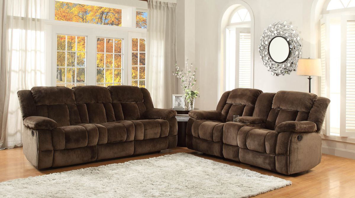 9636-2PC 2 pc laurelton chocolate champion fabric double reclining sofa ...