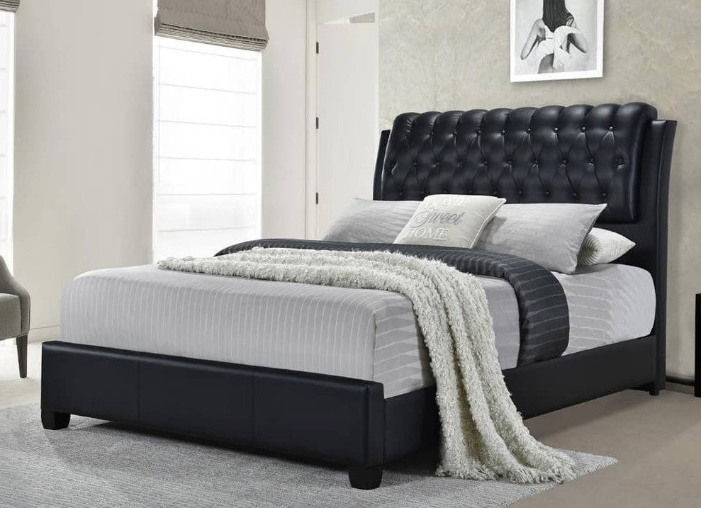 CB3000-BK Eliza black faux leather tufted headboard queen bed – AMB ...