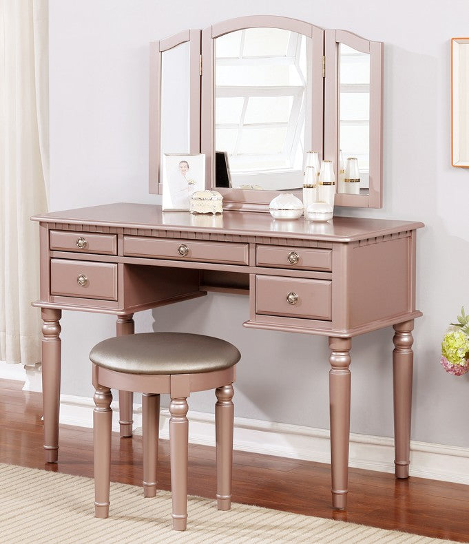Poundex F4060 3 pc Diana rose gold finish wood make up bedroom vanity ...