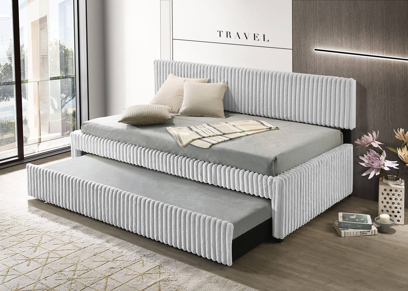 K45 Malloy light gray wide corduroy fabric day bed with lower trundle ...